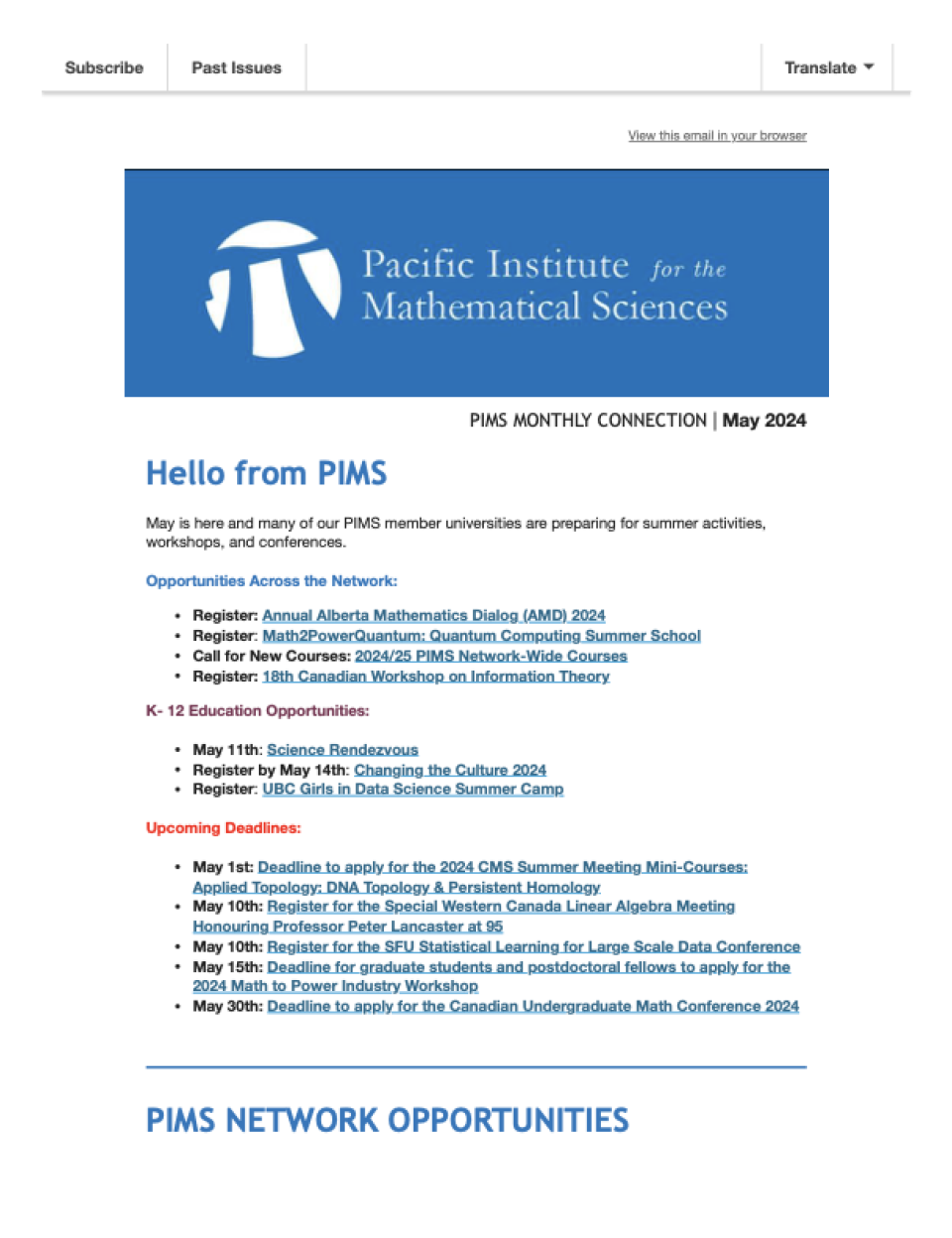 PIMS Connection May 2024 | PIMS - Pacific Institute for the Mathematical Sciences